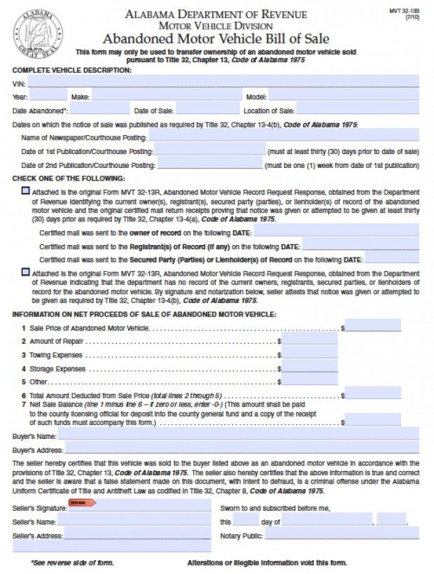 Free Alabama Abandoned Car Bill Of Sale Form PDF Word doc 