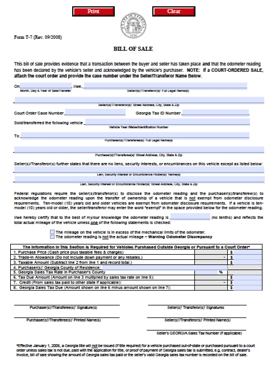 Printable Auto Bill Of Sale Georgia