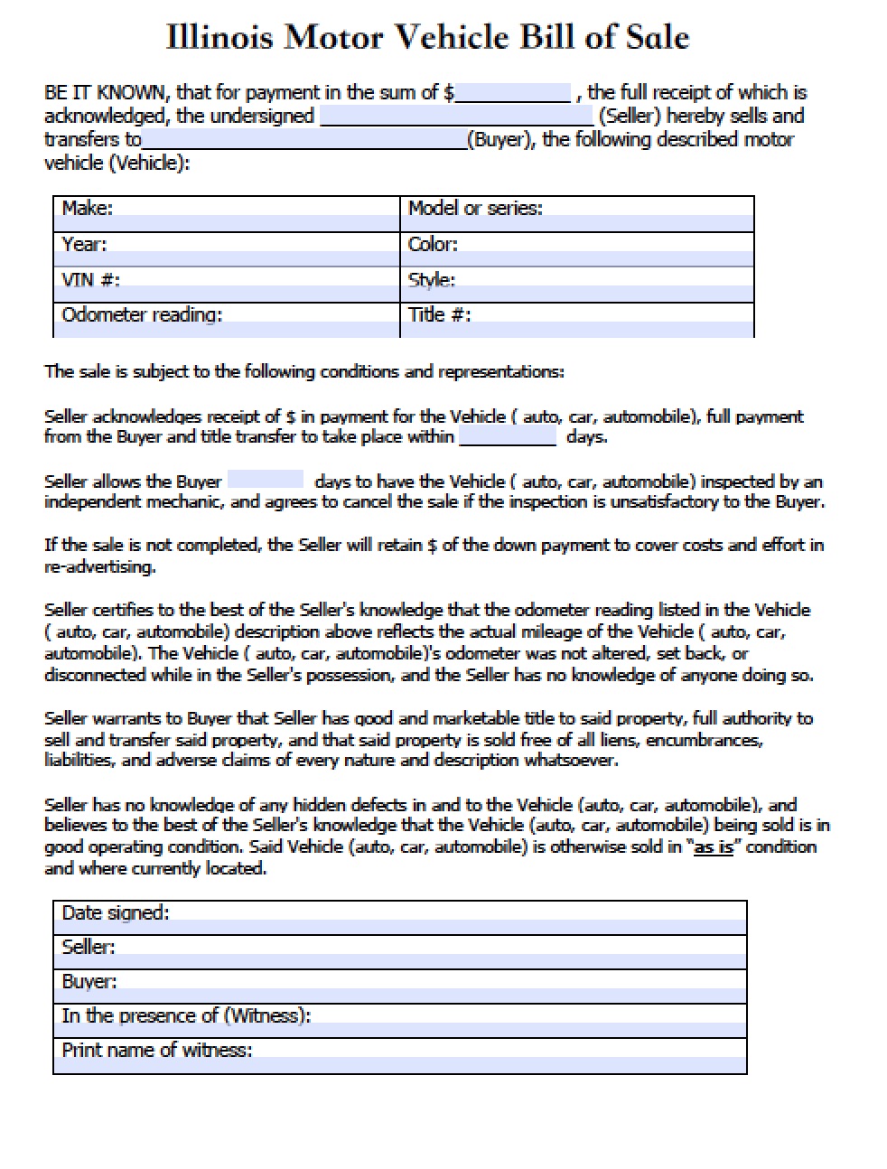 Illinois Car Bill Of Sale Template Car Sale And Rentals