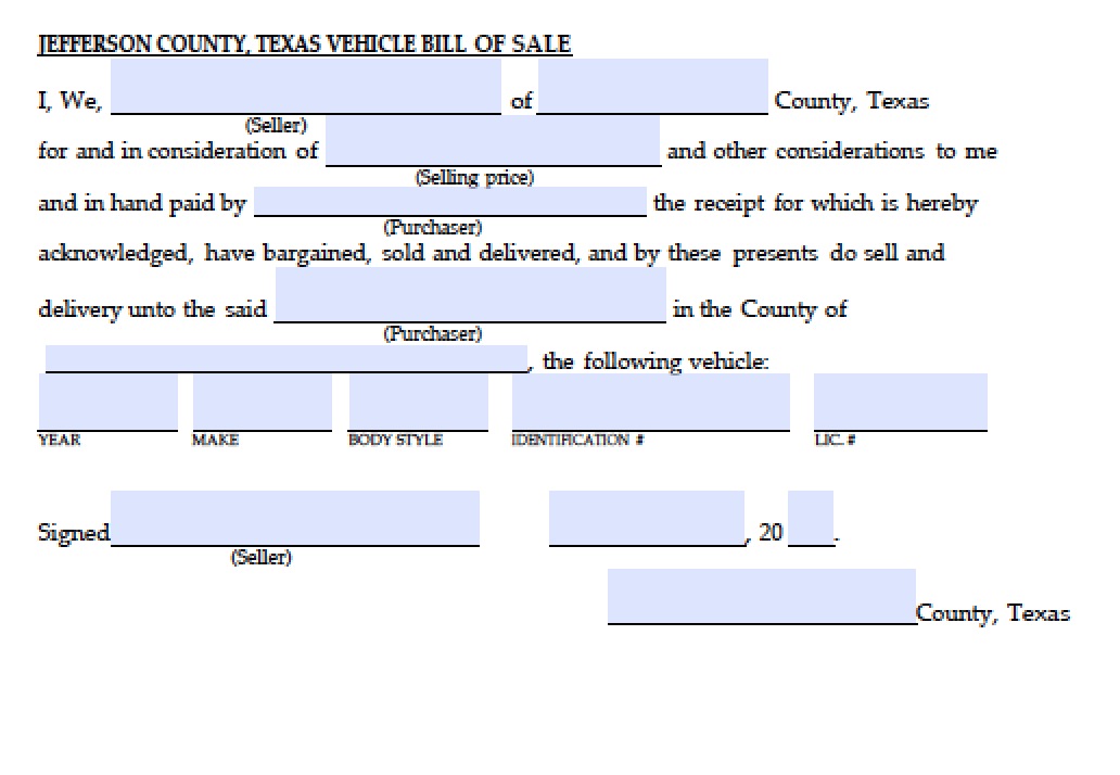 Bill Of Sale Texas Dmv Bill Of Sale Form Free Jefferson County Texas 