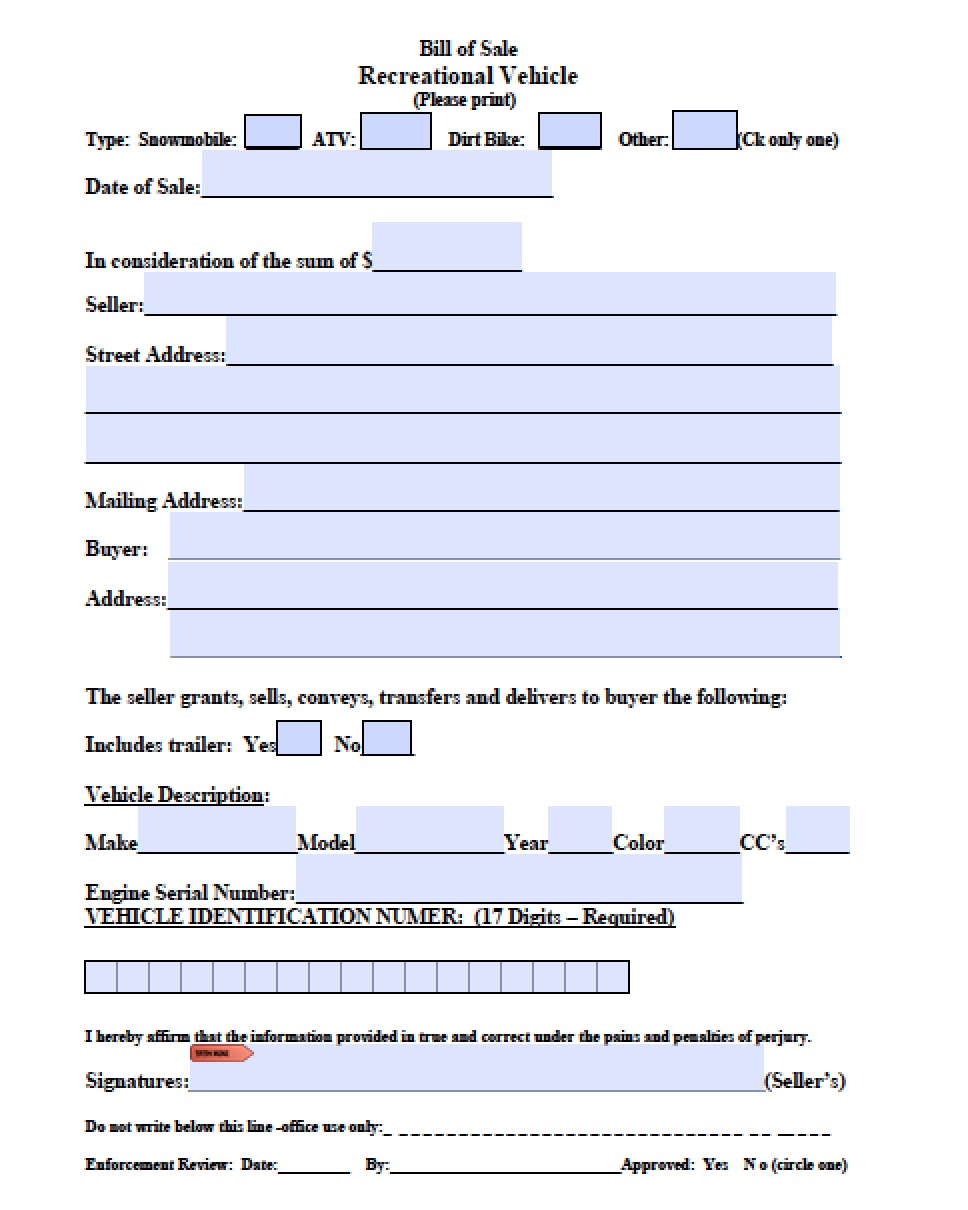 Free Massachusetts ATV Snowmobile Bike Bill Of Sale Form PDF Word doc 