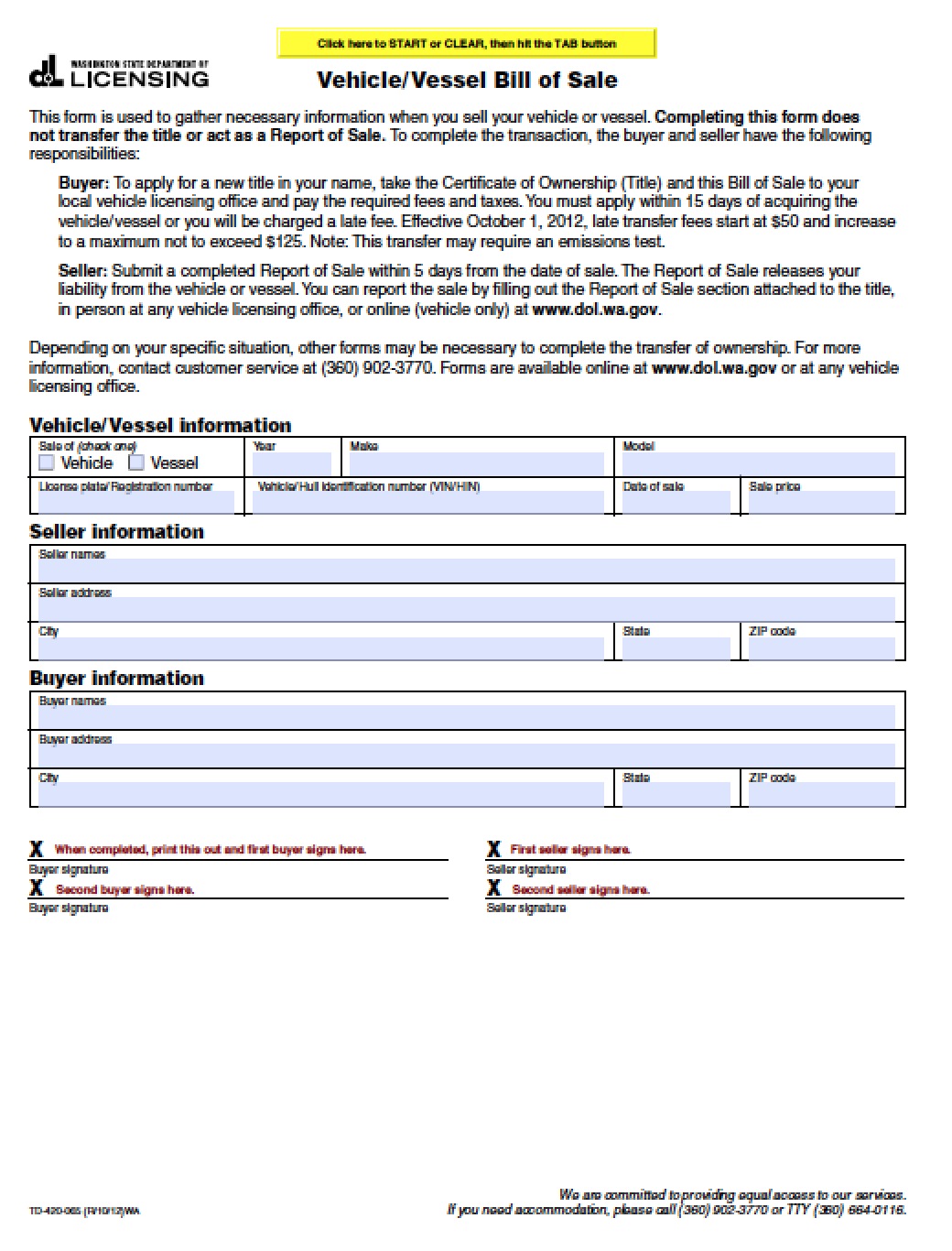 Free Washington Vehicle Vessel Bill Of Sale Form PDF Word doc 