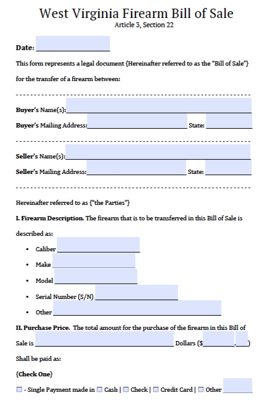 Free West Virginia Firearm Gun Bill Of Sale Form PDF Word doc 